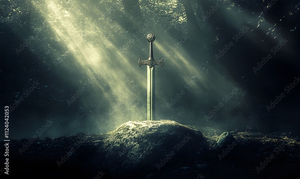 High-contrast image of Excalibur, the sword in the stone, illuminated ...