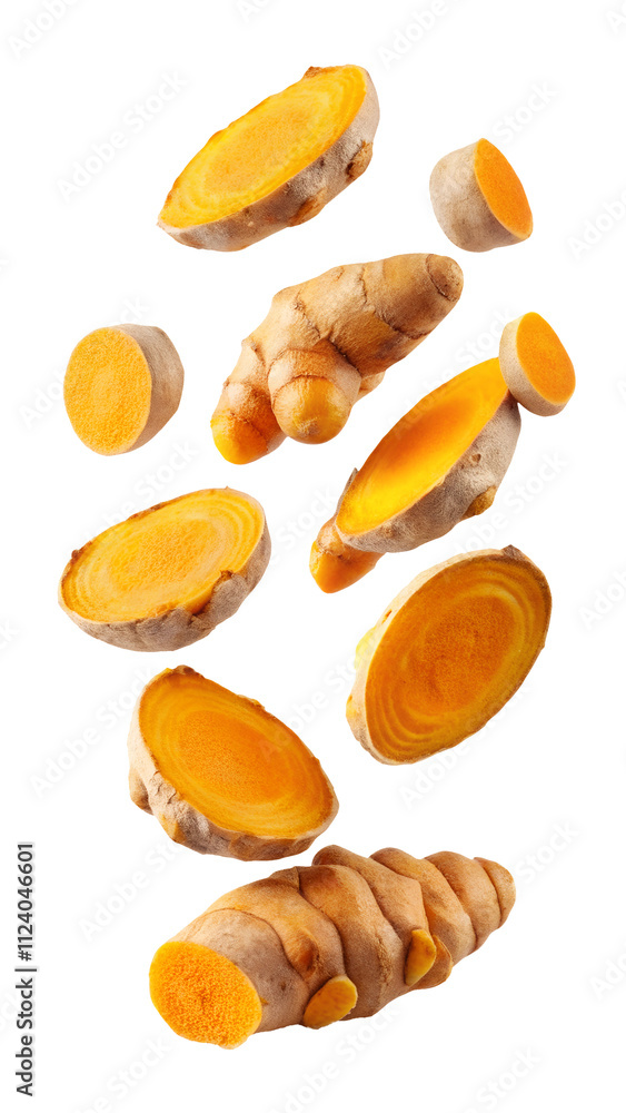 flying turmeric and half slices isolated on transparent white ...
