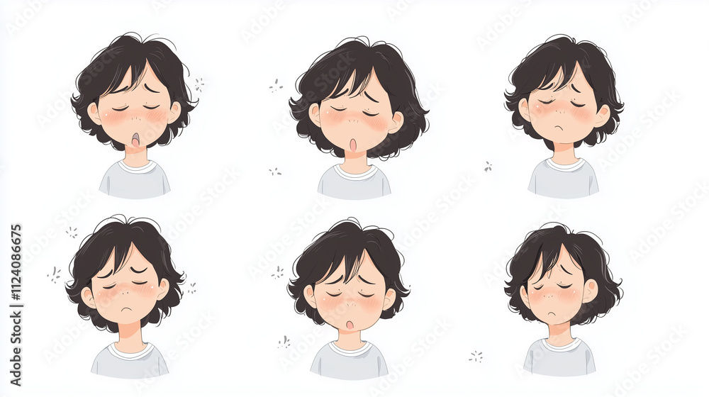 Tired and Sleepy Cartoon Girl Expressions: A set of six cartoon girl ...