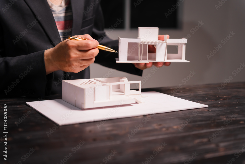 A salesman works late at night at his desk, surrounded by modern house ...