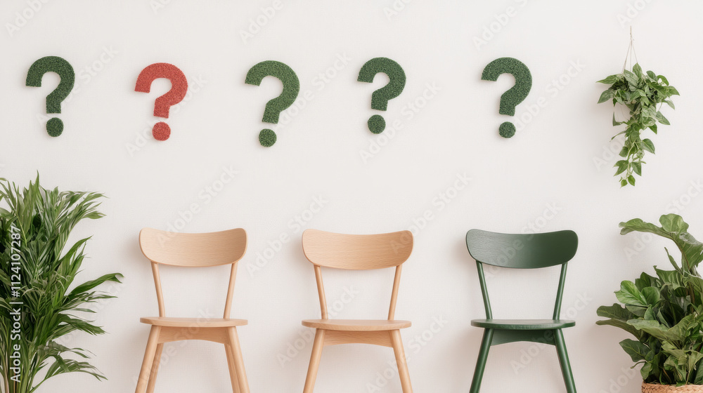 Chairs in modern interior with question marks on wall, creating playful ...