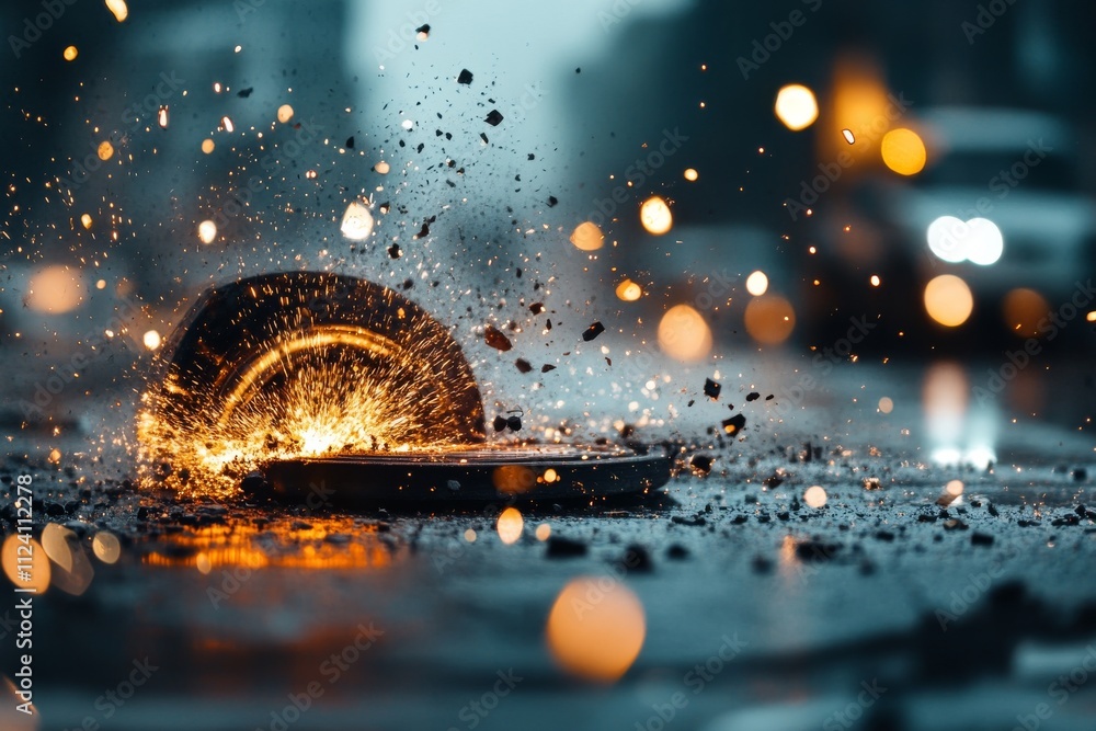 An electrifying moment captured as sparks fly off a shattered object ...
