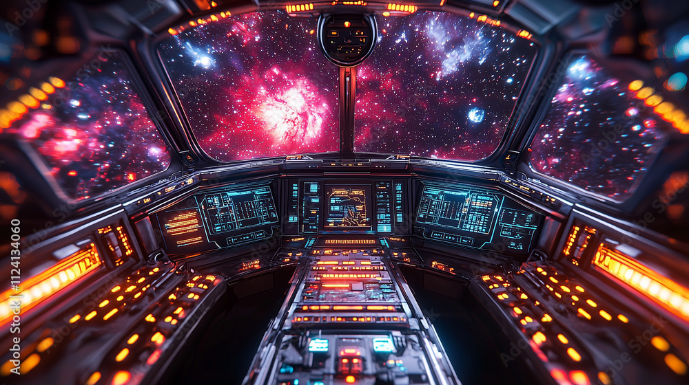 luxury space cruiser cockpit offers a stunning viewport of a vibrant ...