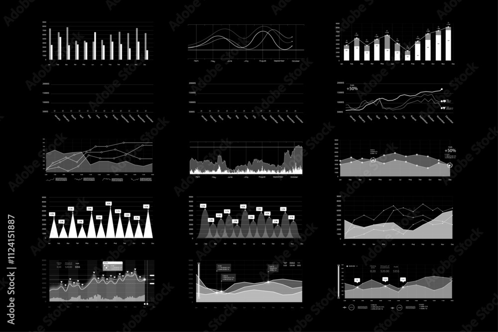 Black and white charts, infographic, diagrams for trading platform, presentations, ui, ux, hud ...