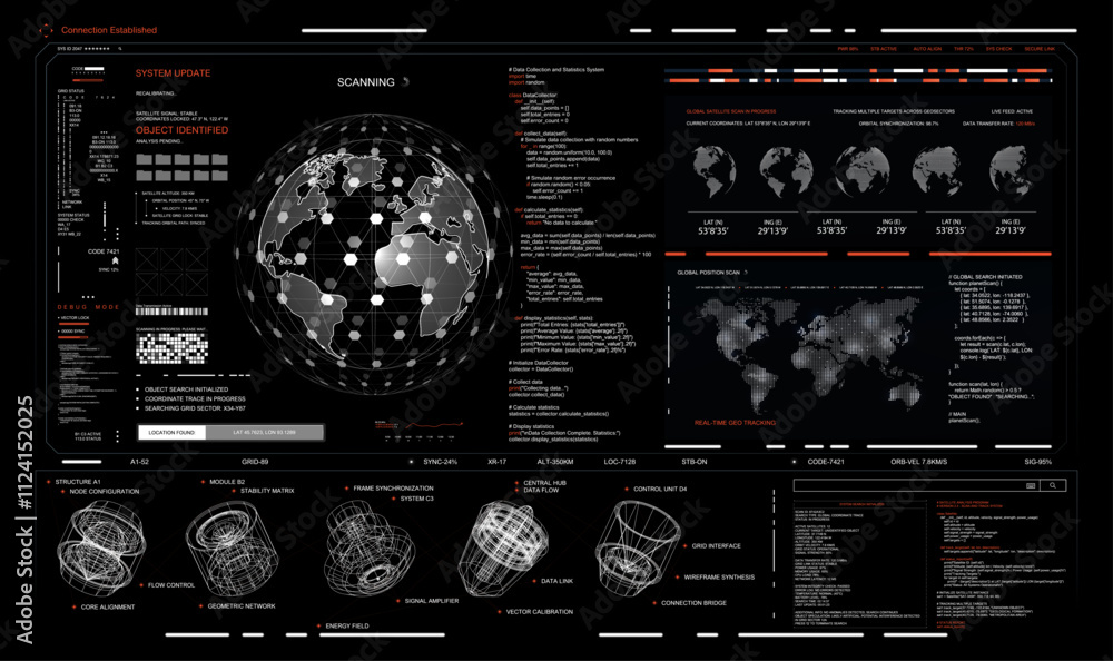 HUD interface, futuristic cyberspace dashboard with 3D elements and ... HUD interface, futuristic cyberspace dashboard with 3D elements and ...