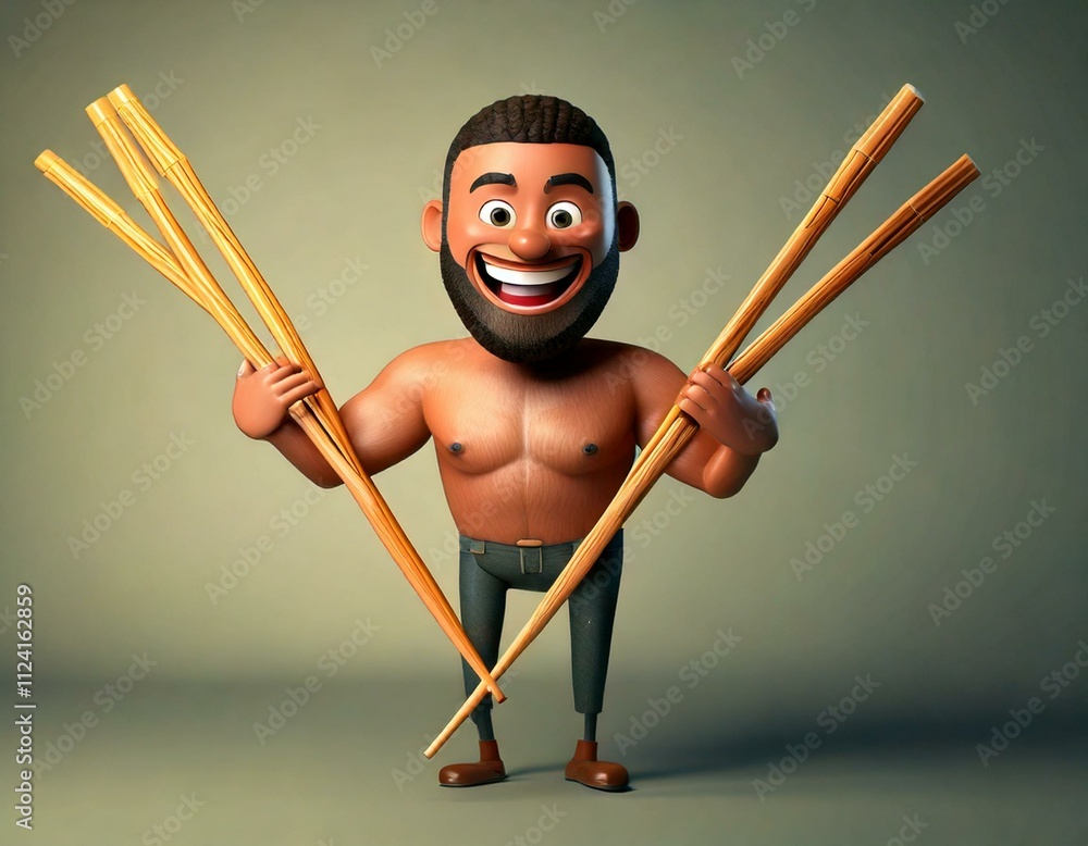 Strong 3D character, shirtless, Black, holding two sticks in a powerful ...