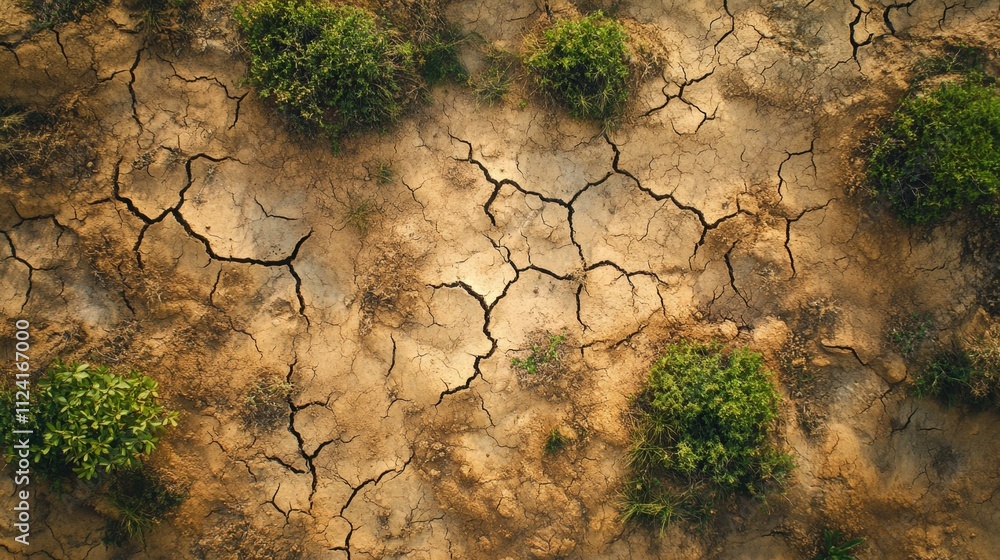 Drought impact analysis cracked earth with vegetation dry landscape ...