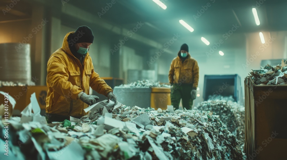 Waste management workers sorting recyclables in depressing industrial ...