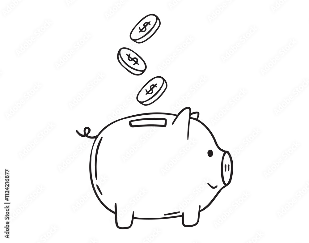 Bank piggy with coins doodle hand drawn icon. Outline drawing coin ...