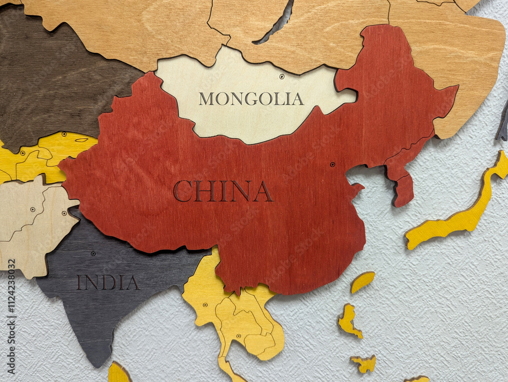 Mongolia and China countries on political map. Carved wood Stock Photo ...