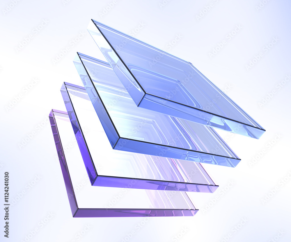 3d abstract glass square shapes in row. Iridescent crystal transparent ...