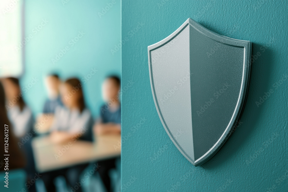 A shield symbol on a wall, representing safety and protection in an ...