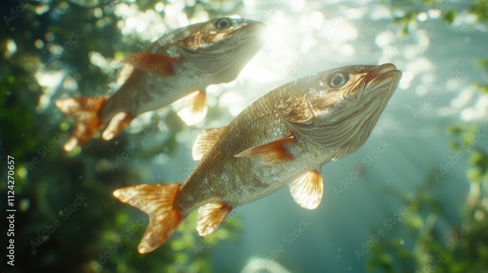 Mechanical fish swimming among vibrant coral reefs in ocean depths ...