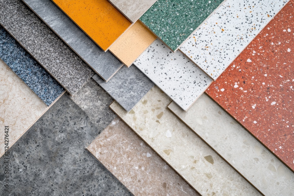 Overhead view of an interior materials board featuring concrete ...