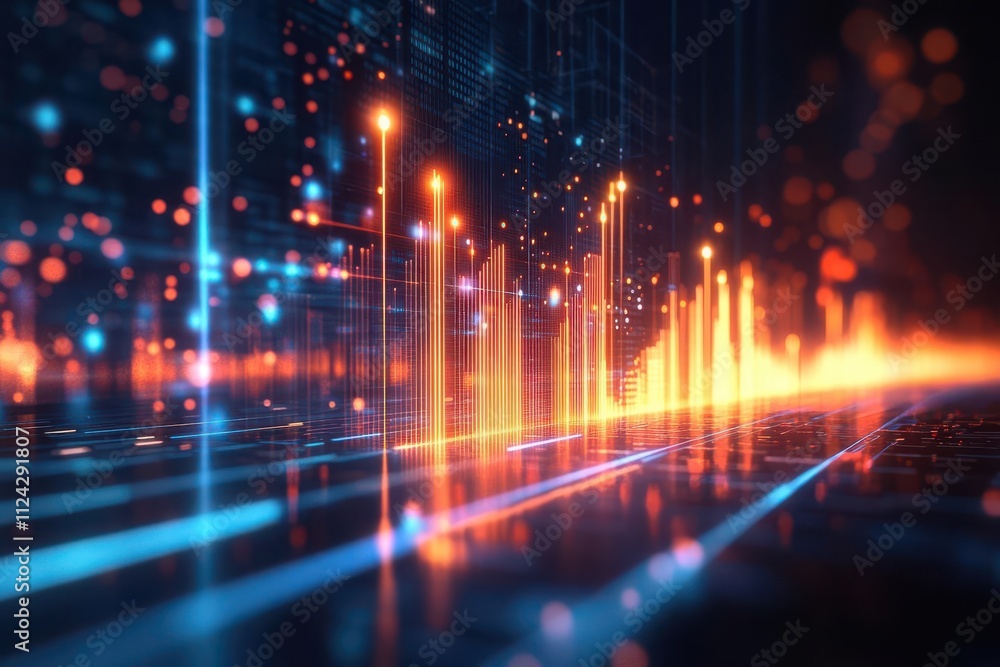 Futuristic bar graph with light beams rising, illustrating the power of ...