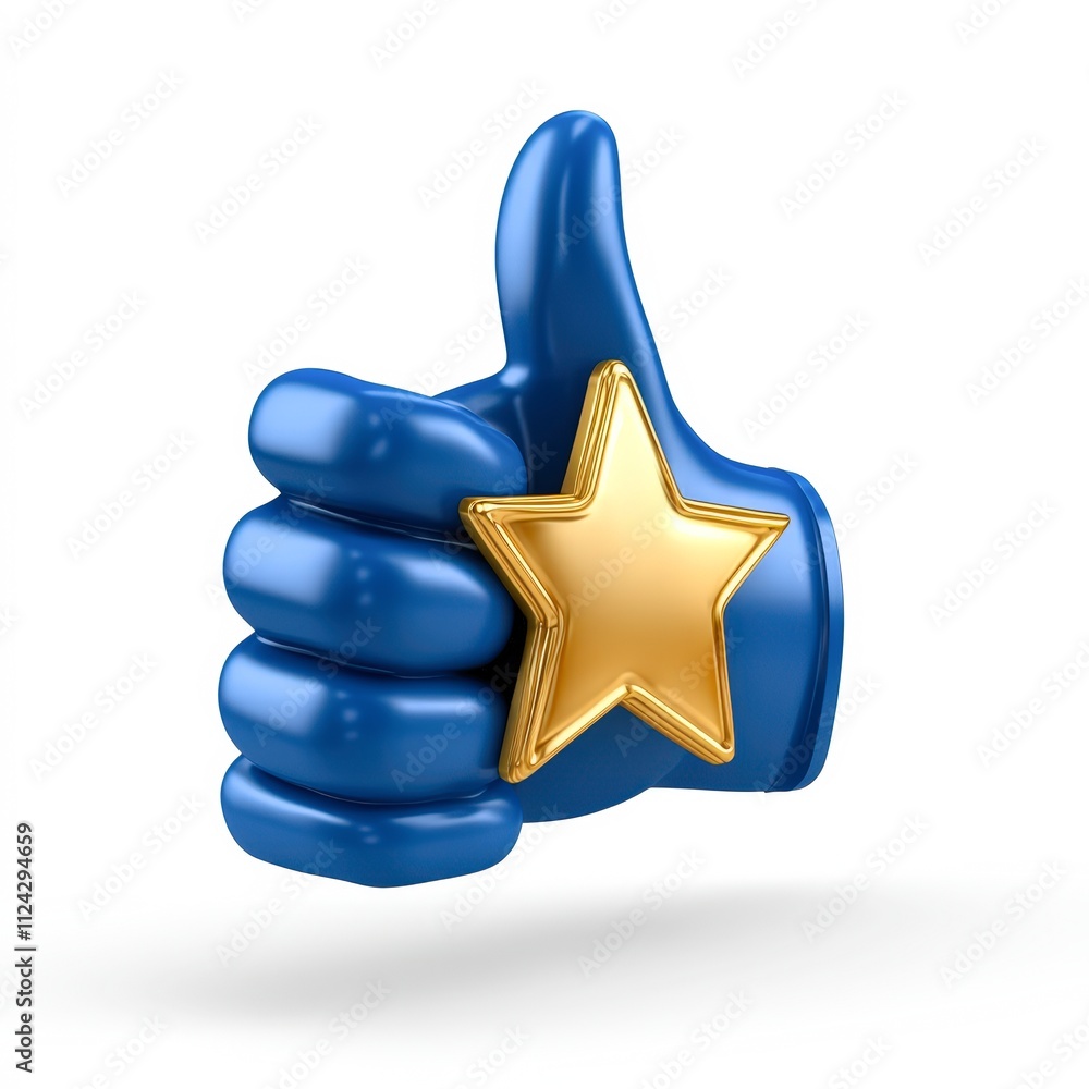 3D illustration of a blue thumbs-up hand symbol featuring a golden star ...