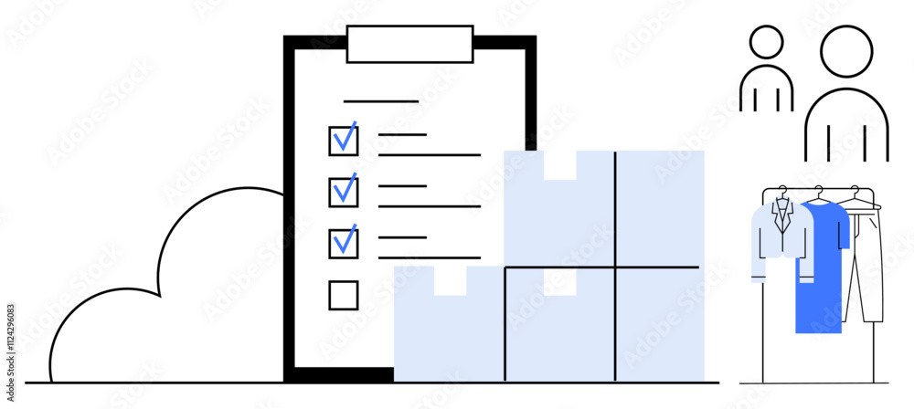 Checklist with blue checkmarks, cloud, boxes, clothing rack, and stick ...