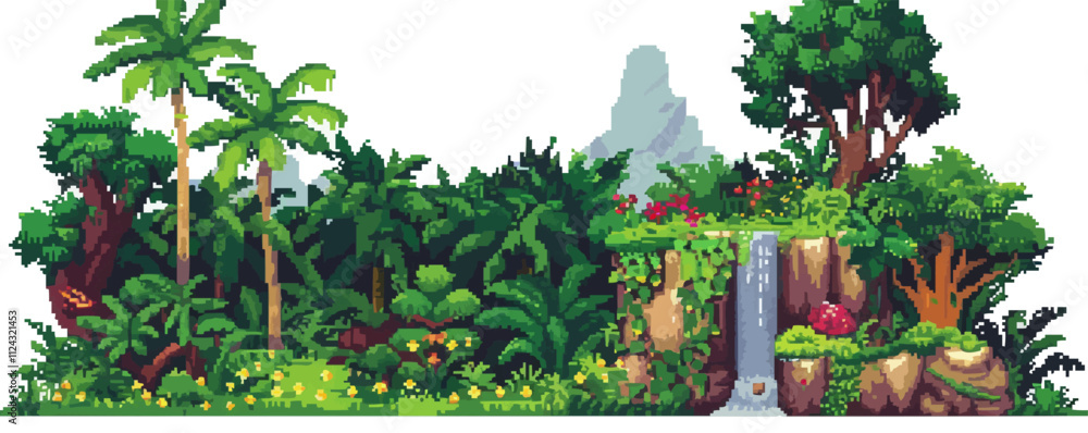 Depict a pixel art of a tropical rainforest, pixel art on white ...