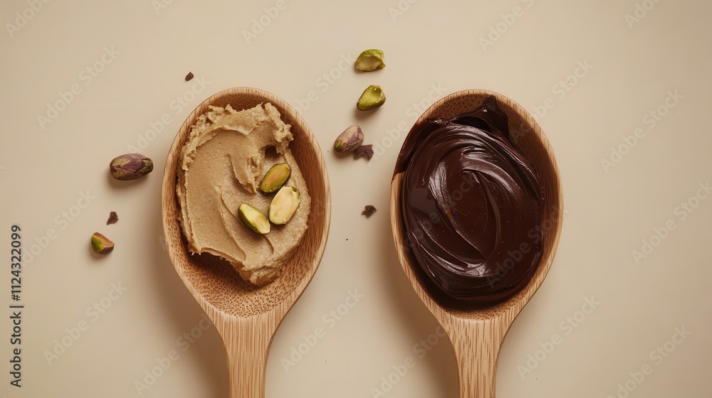 Dubai Chocolate Kunafa Pistachio butter on spoons on white background ...