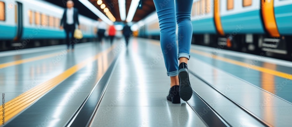 Urban commute: woman walking in modern train station with motion blur ...