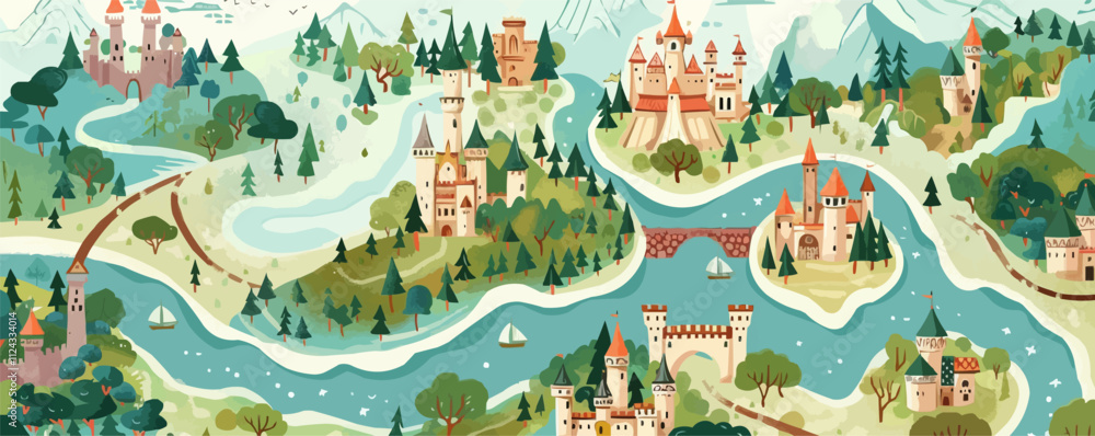 Detailed map of a whimsical fairy tale kingdom with castles, forests ...