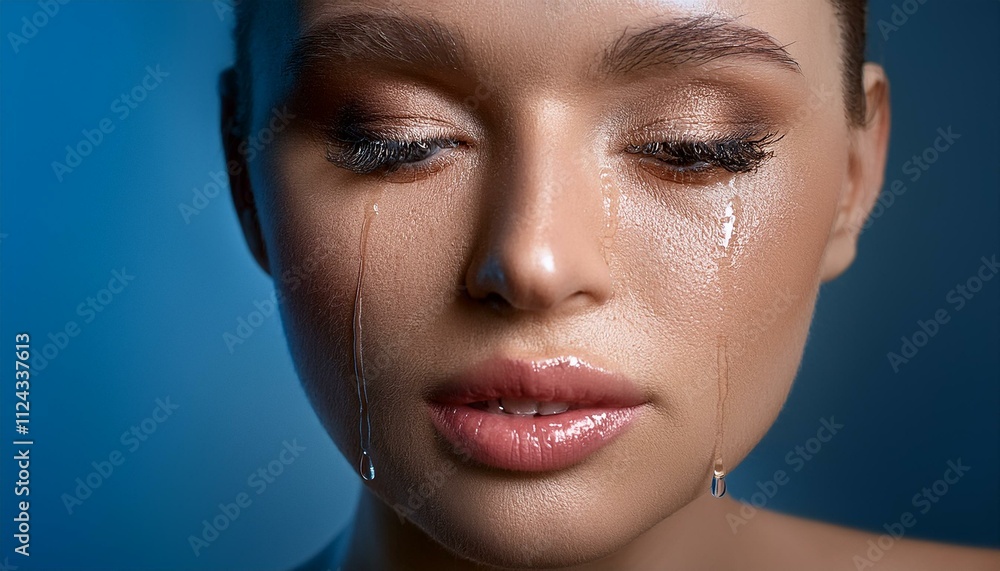 Overwhelming Sadness A woman’s face with tears streaming down her ...
