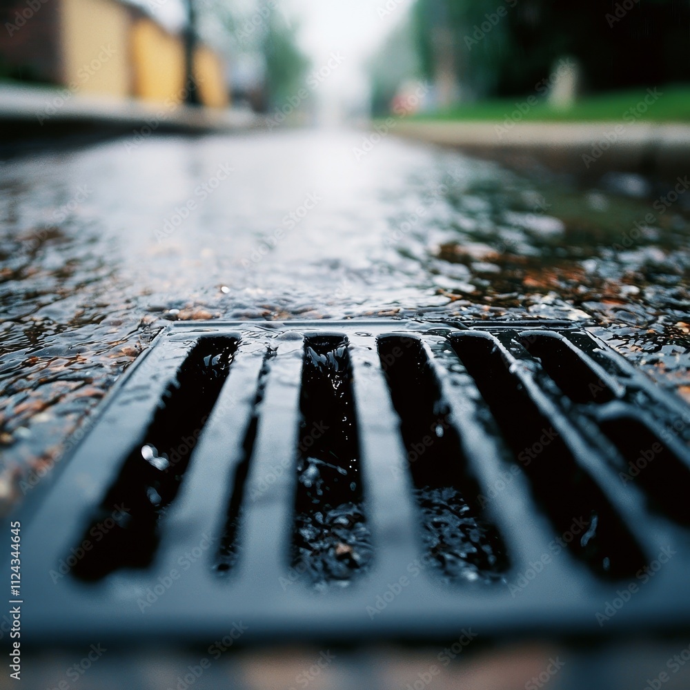 Rainwater accumulation urban street photography wet environment close ...