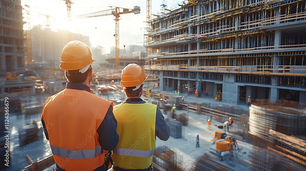 Construction Site Managers Overseeing Building Project Progress with ...