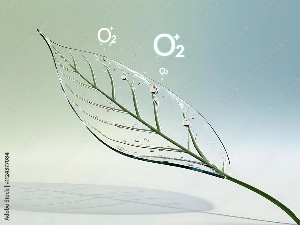 3D Render of Transparent Leaf with Water Droplets Evaporating and Glowing O2 Symbols on Gradient ...