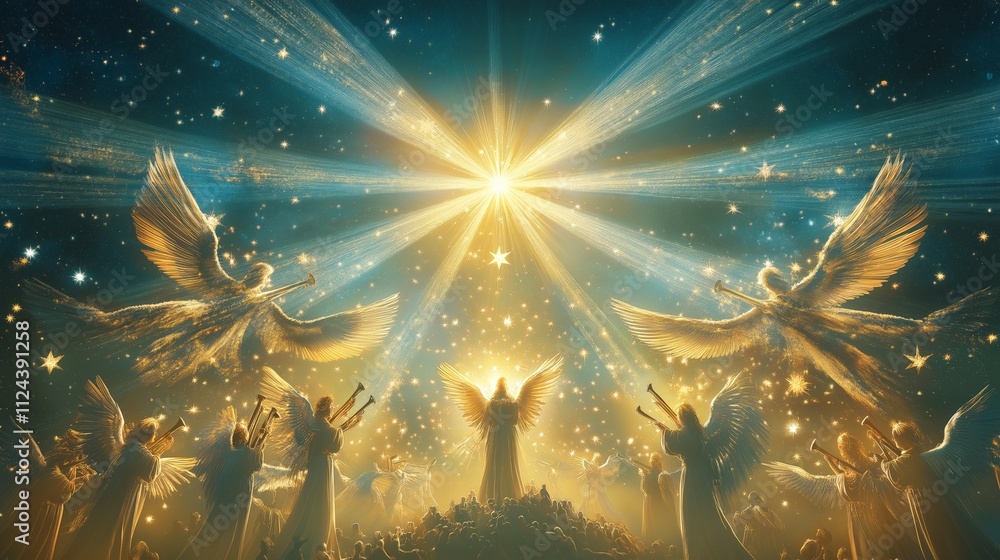A heavenly host of angels appearing in the night sky, their wings ...
