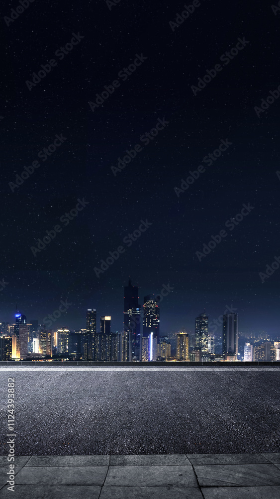 Empty rooftop with view of modern building skyscrapers and futuristic ...