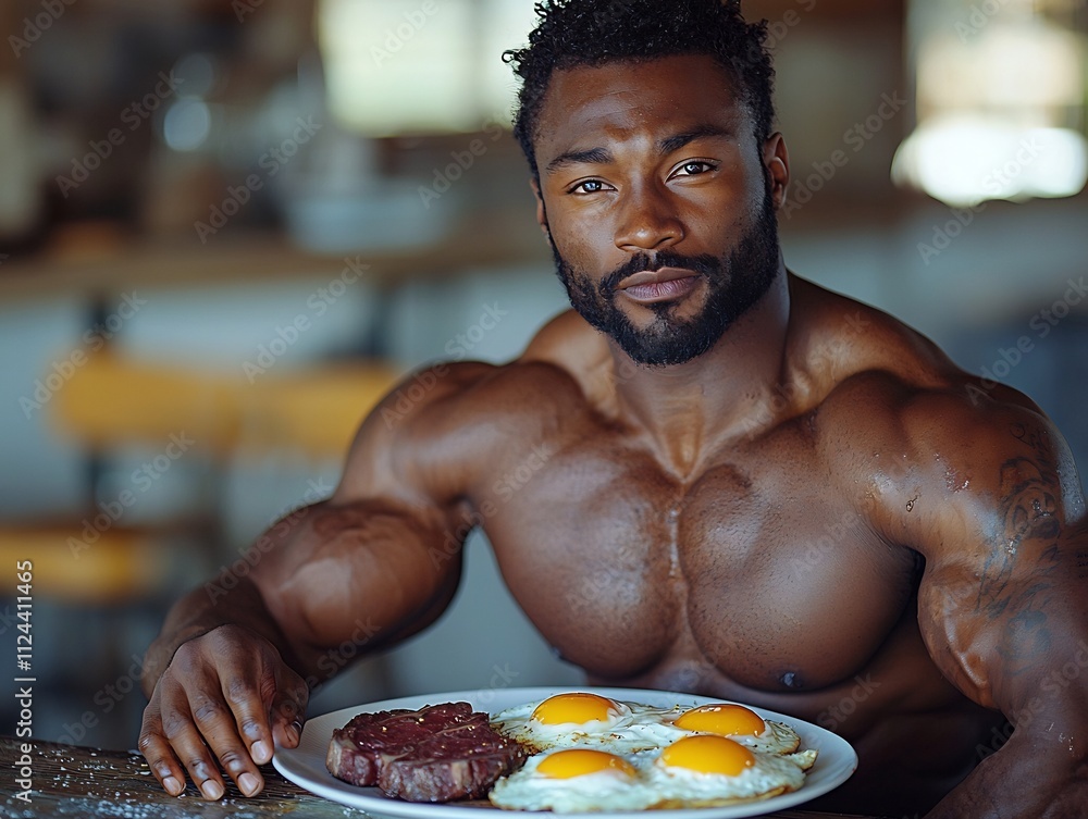 Muscular Bodybuilder Devouring High Protein Breakfast at Diner Fueling ...