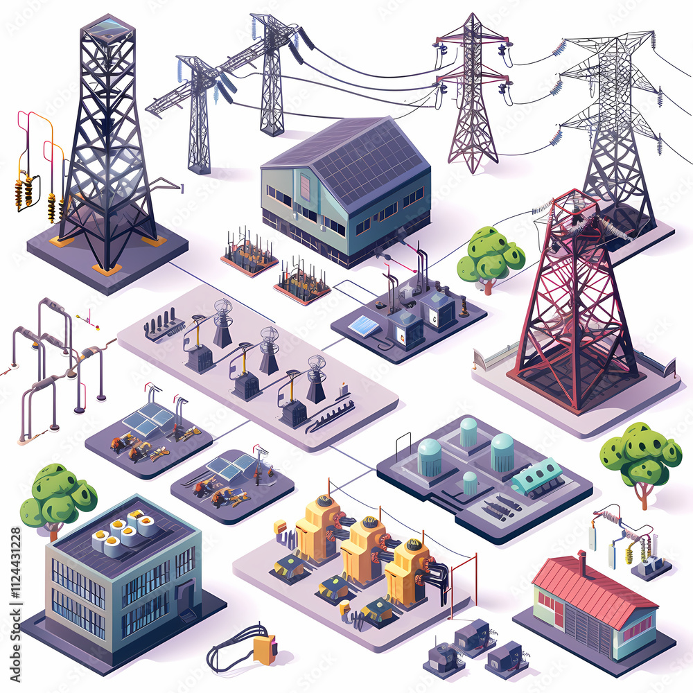 Power Grid Infrastructure A Comprehensive Isometric Illustration Of An