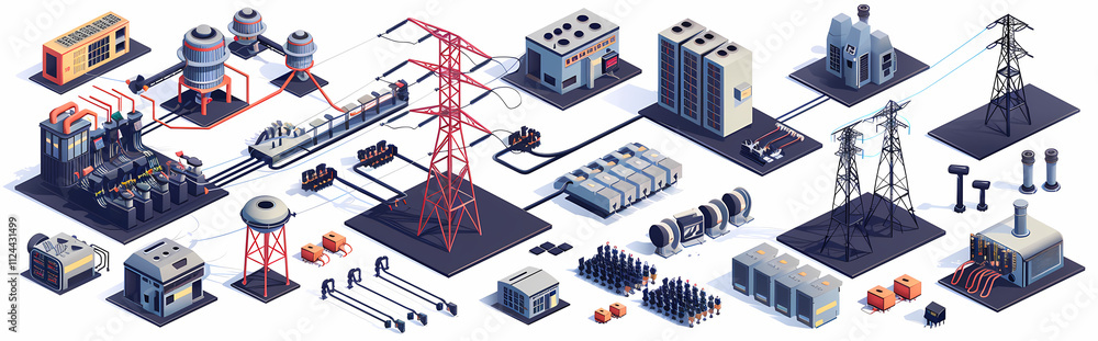 Isometric Power Grid: A detailed isometric illustration of a complex ...