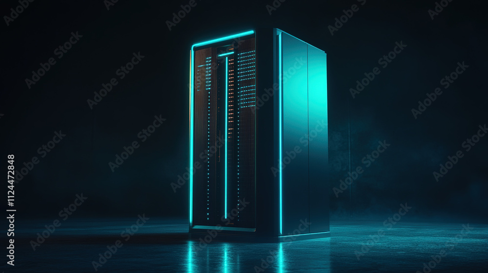 A streamlined, modern online gaming server rack with flashing lights ...