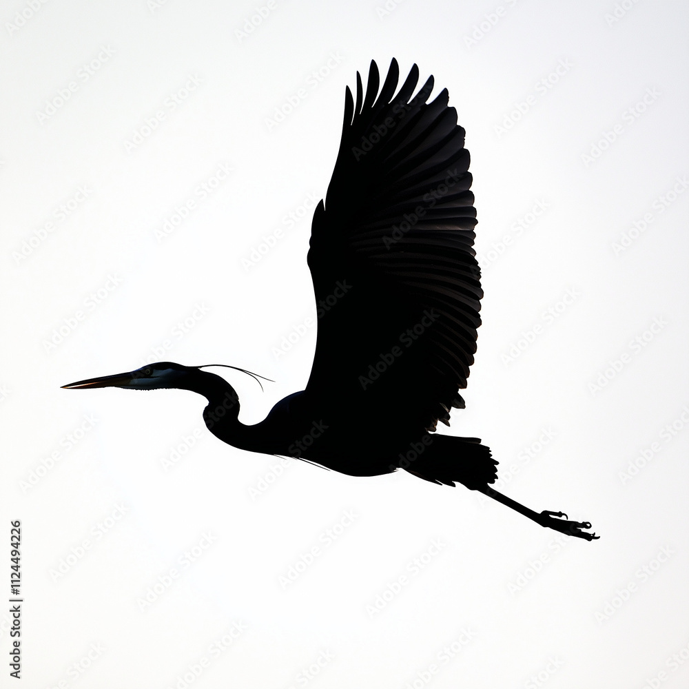 flying great blue heron Silhouette on white background Stock ...