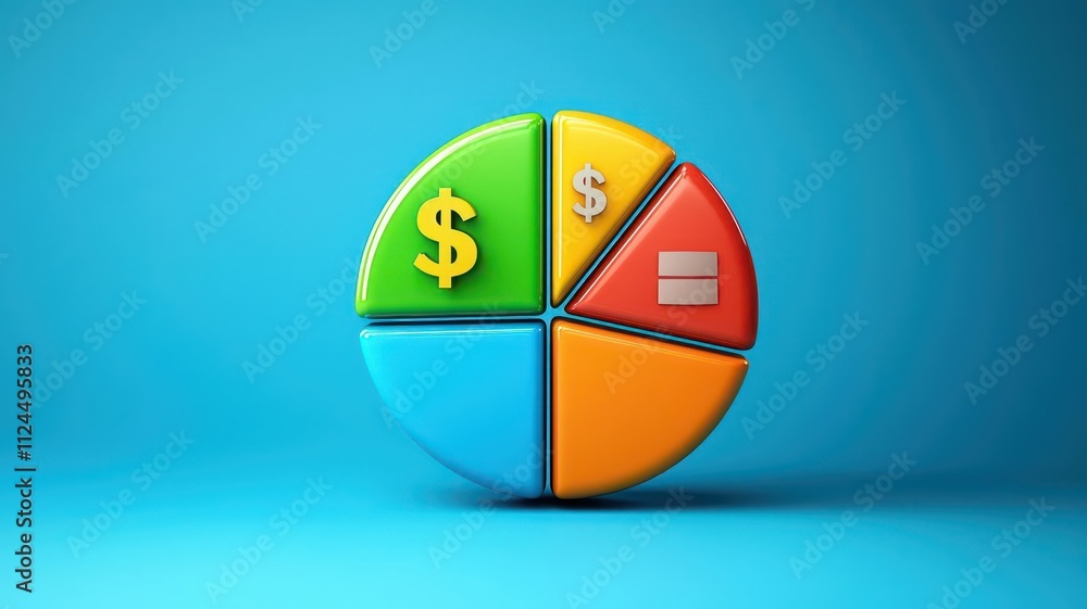 Illustration of a glowing financial pie chart divided into segments labeled with expenses ...