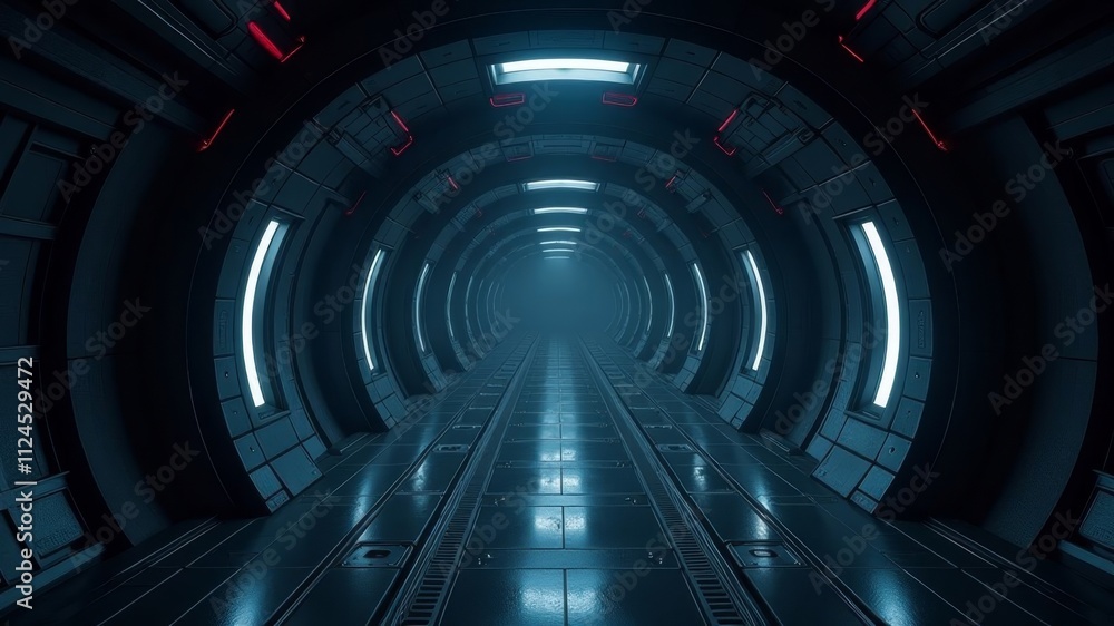 Dark modern bunker, gloomy corridor inside an alien spaceship ...