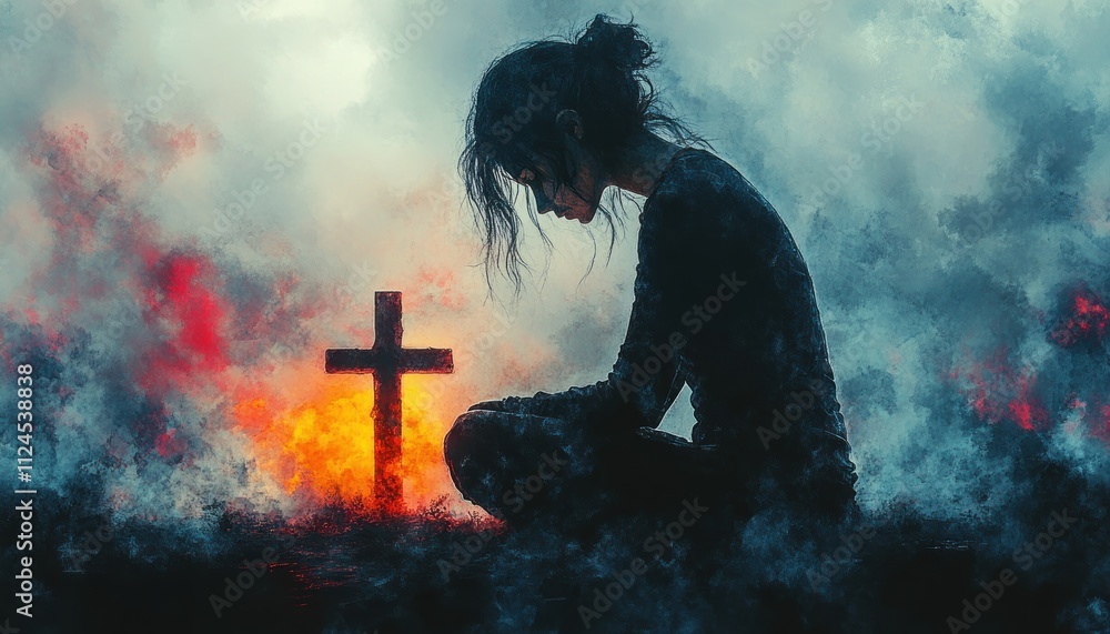 Woman Kneeling in Prayer Before the Cross in the Sky Digital Watercolor ...