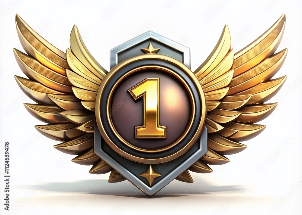3D Game Rank Emblem with Number 1 and Wings - Achievement Badge ...