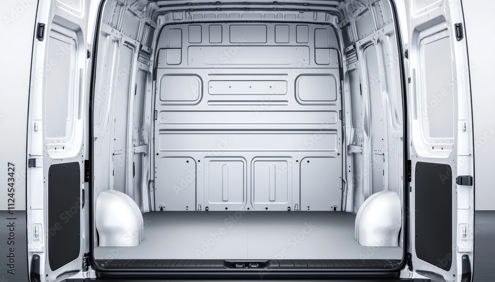 Interior of an empty white van with open rear doors spacious and well ...