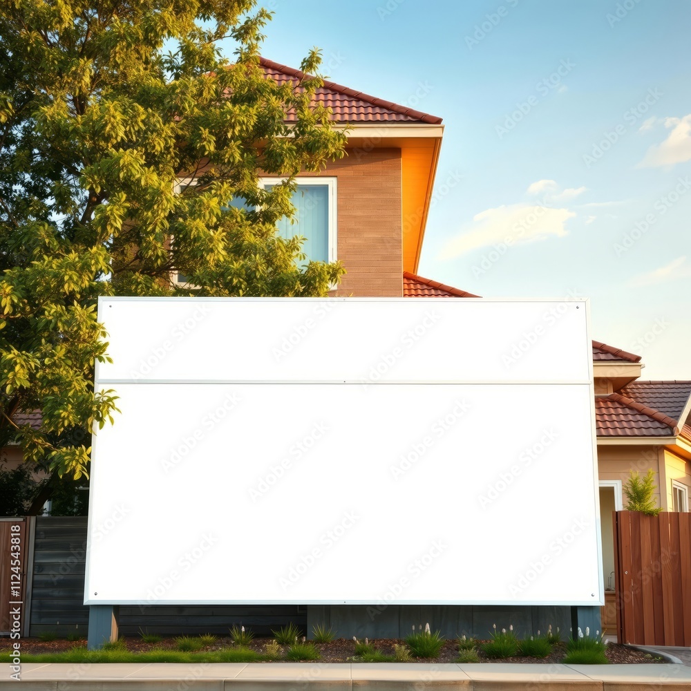 Blank white billboard mockup in the front of house under construction ...