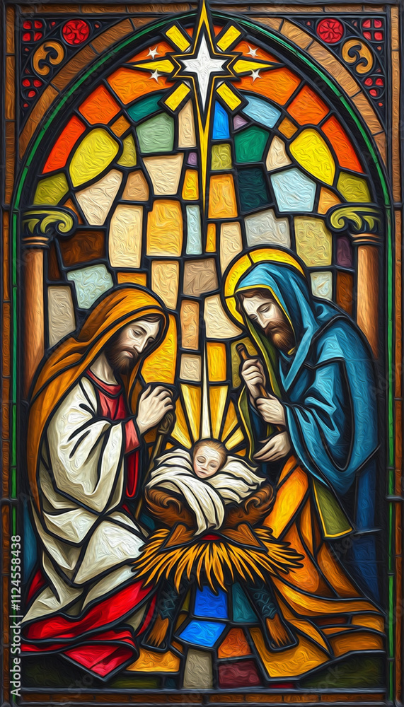 Stained glass window. The Nativity of Jesus. Christmas card design ...