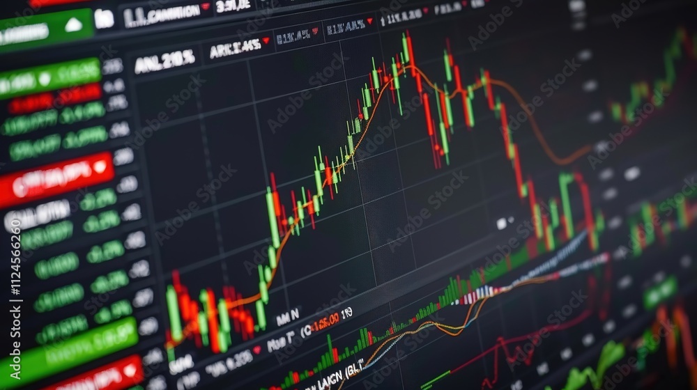 Close-up of digital stock market screen showing upward trend graph ...