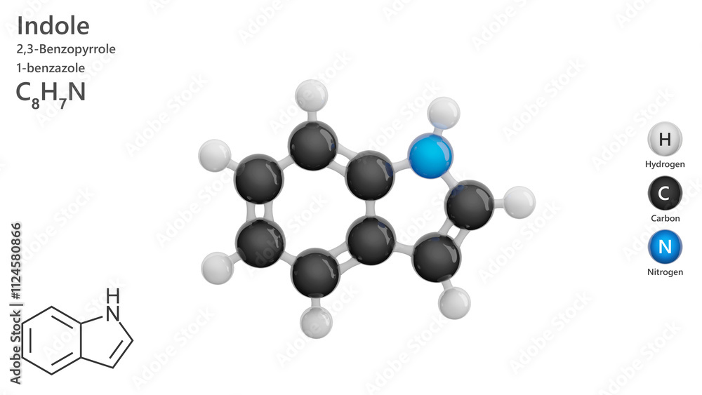 Molecule: Indole. Aromatic heterocycle. Molecular structure. Formula ...