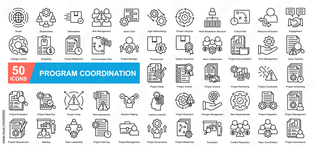 Program Coordination Icon Scope Line, Stakeholders, Deliverables, Risk ...
