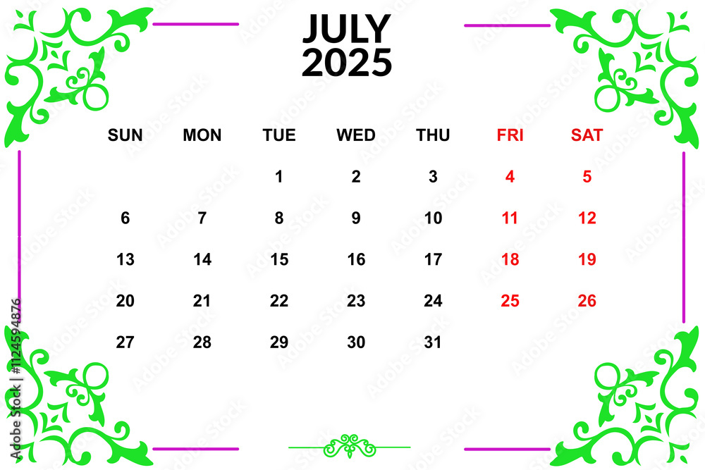July 2025 template, Calendar 2025 design vector, planner layout, Week ...