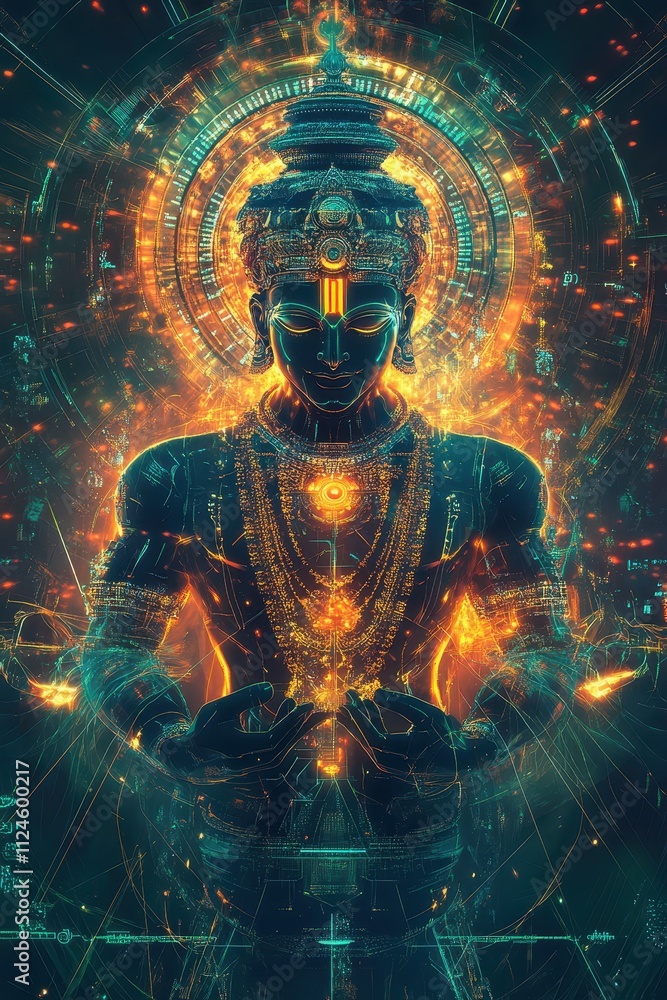 Cybernetic depiction of Vishnu, glowing neon energy radiating from his ...