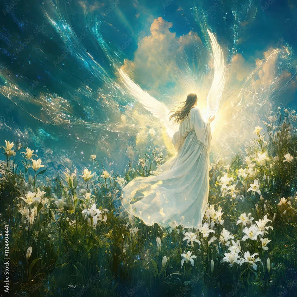 Divine light surrounding Gabriel in an ethereal Annunciation scene ...