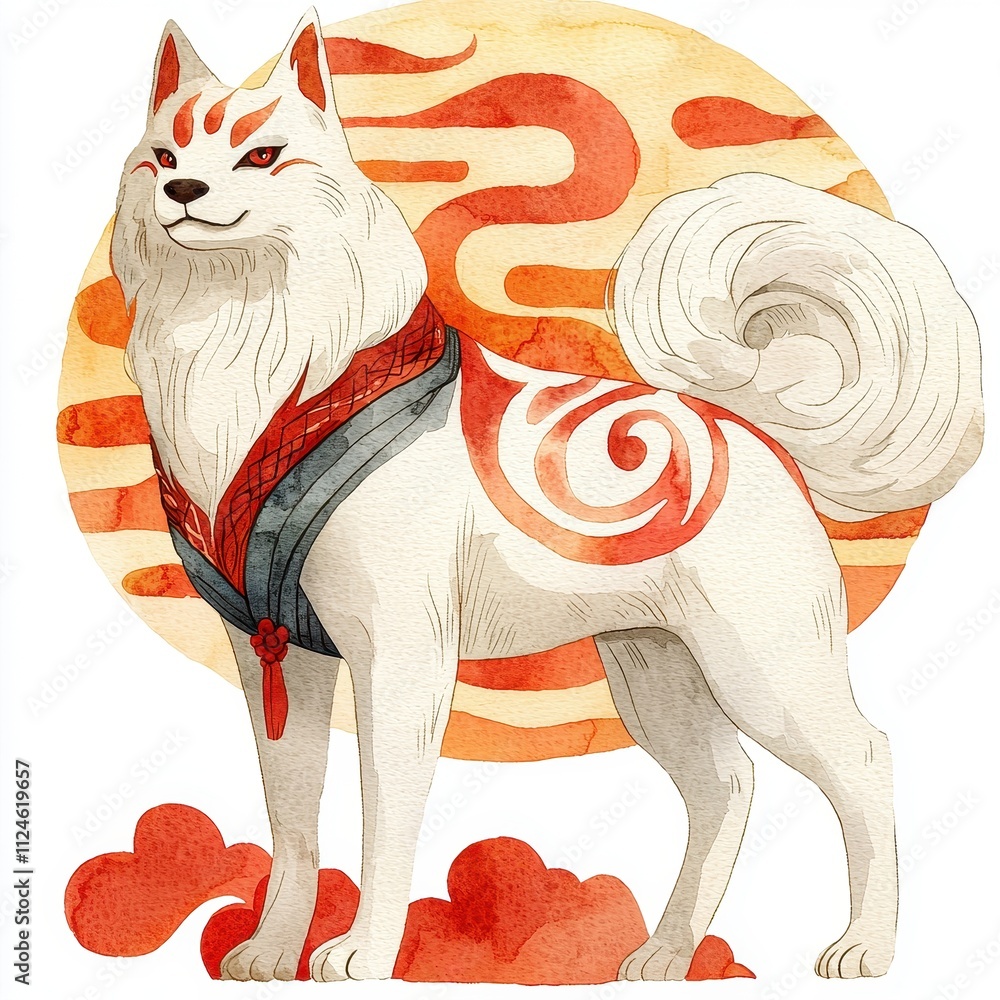 Watercolor Painting of Mythical White Dog Japanese Sun God Amaterasu ...
